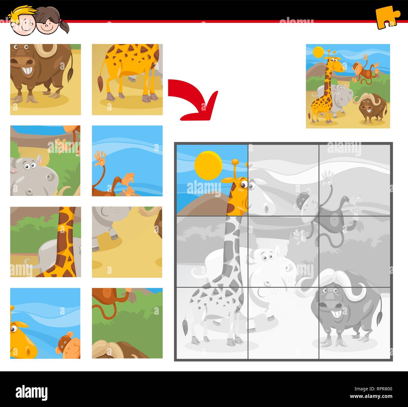 Cartoon Illustration of Educational Jigsaw Puzzle Activity Game for ...