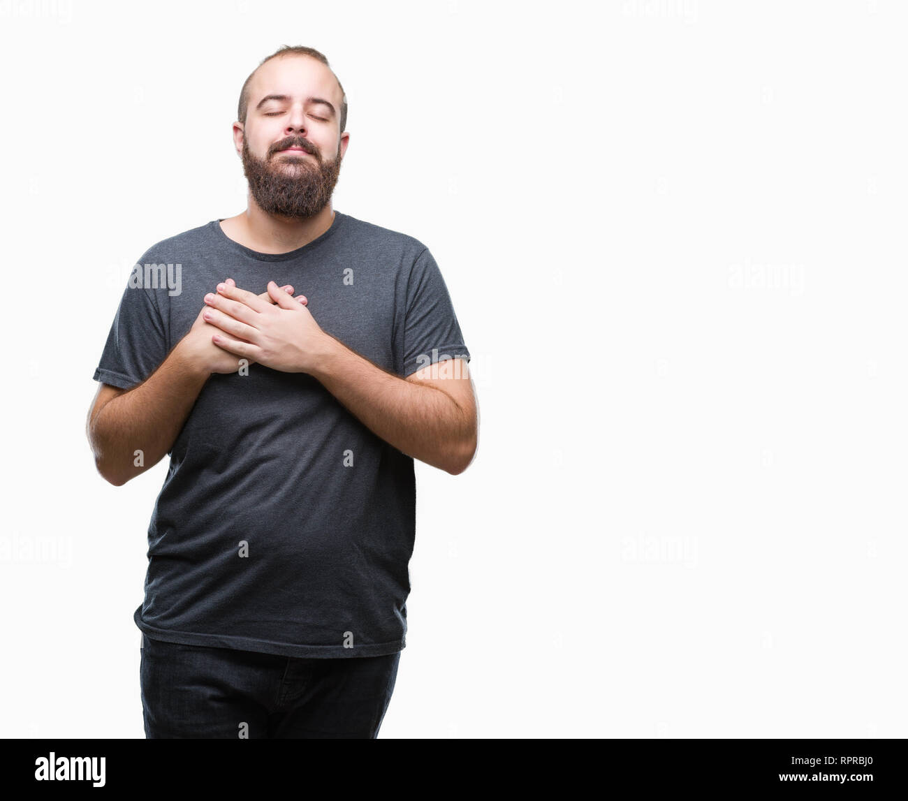 Young caucasian hipster man over isolated background smiling with hands ...