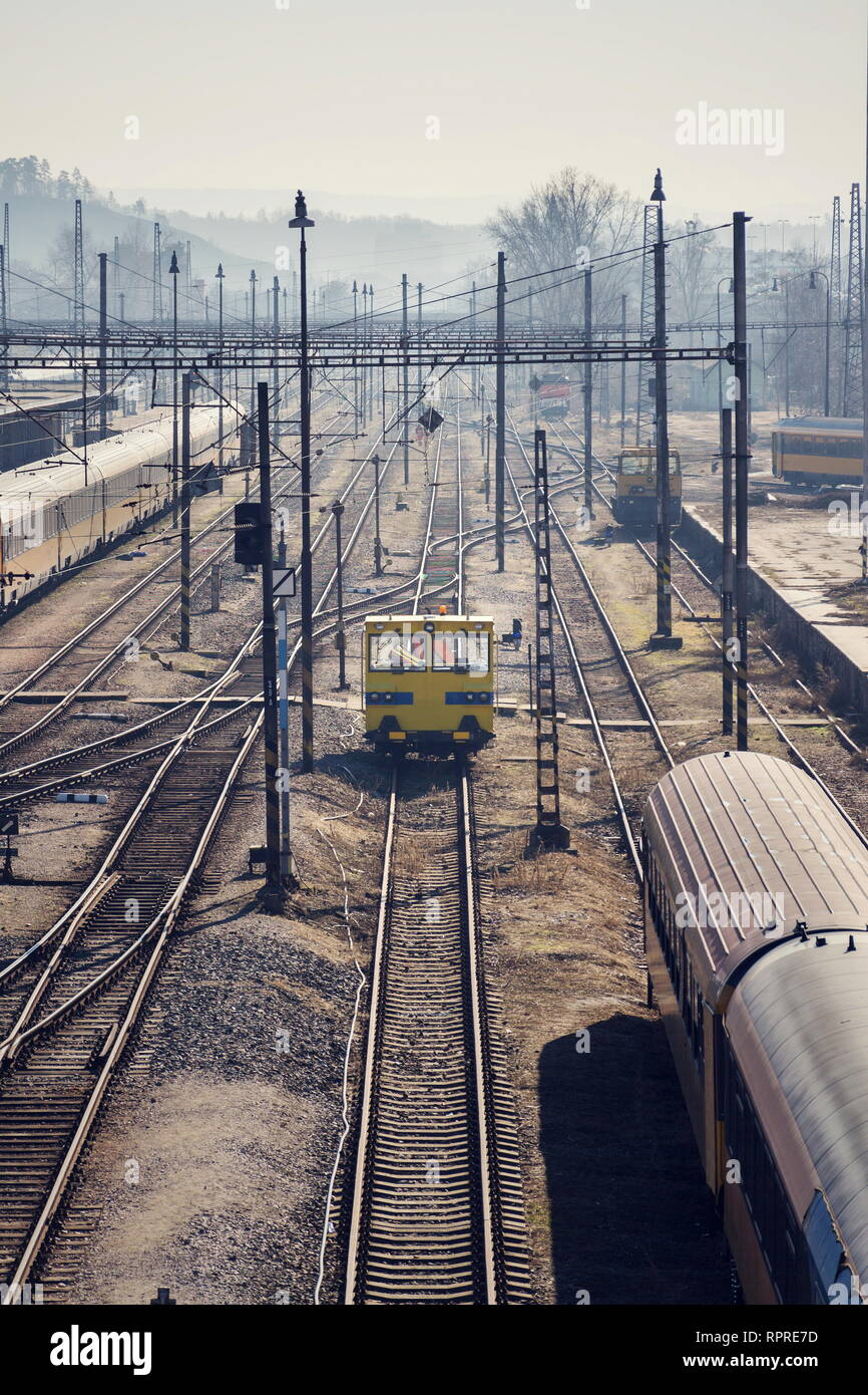 Complicated railway network with power lines and freight wagon for ...