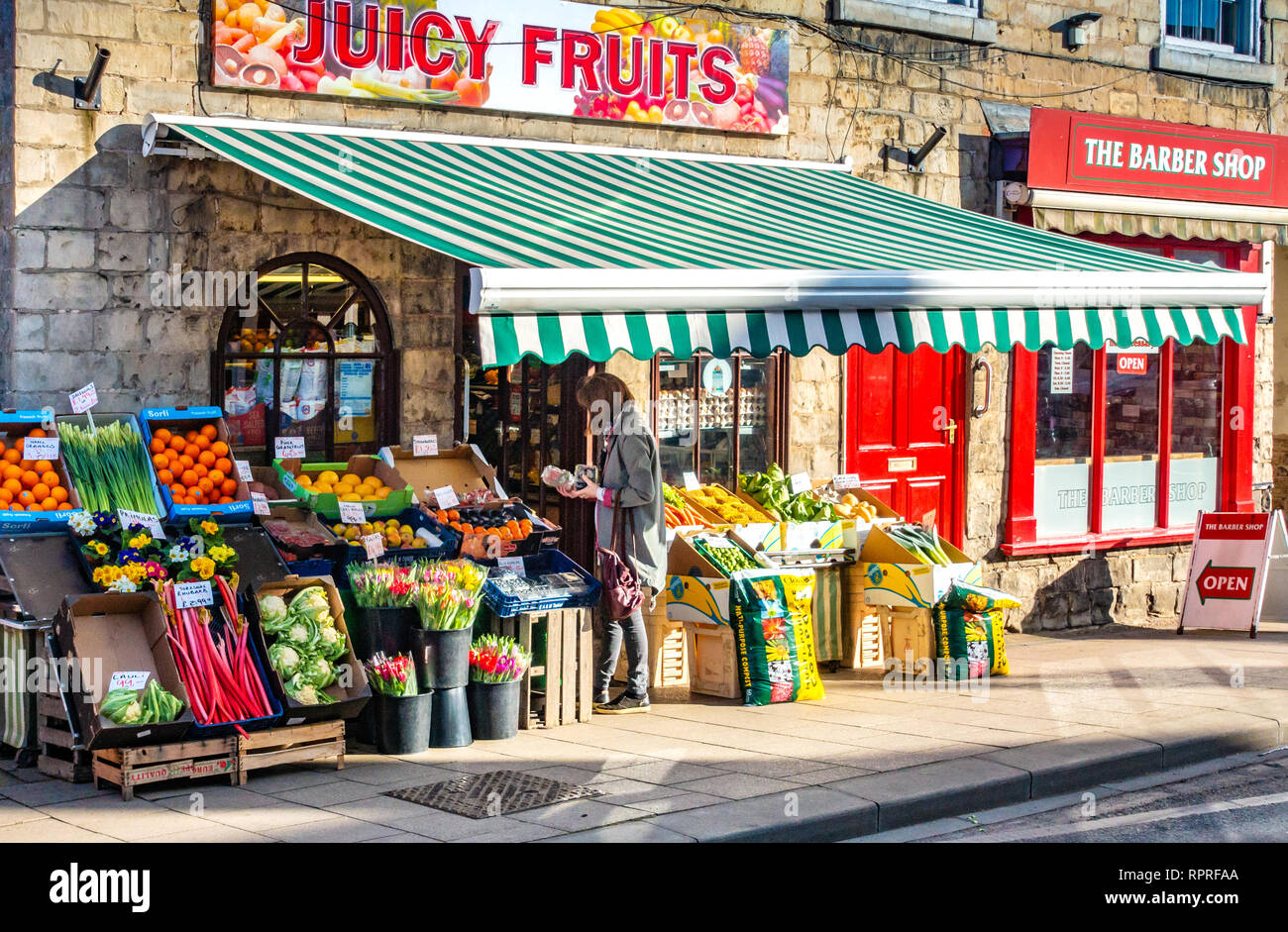English village shop front, Greengrocers shop display in Market Place ...