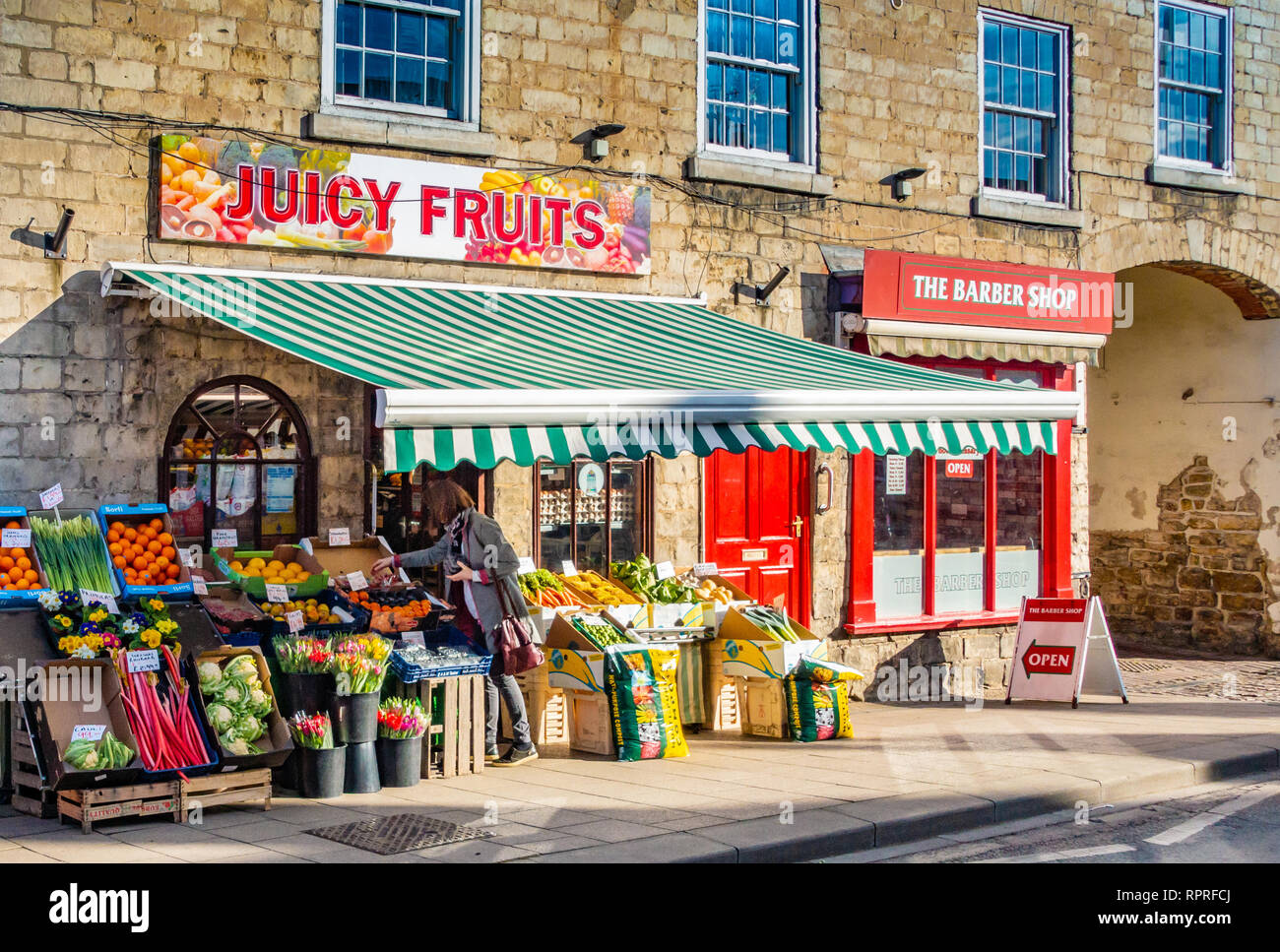 English village shop front, Greengrocers shop display in Market Place ...