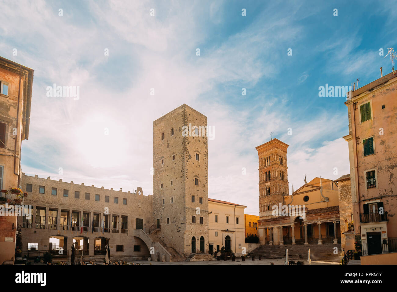 Terracina, Italy. Tower Of Cathedral Of San Cesareo And Town Hall In ...