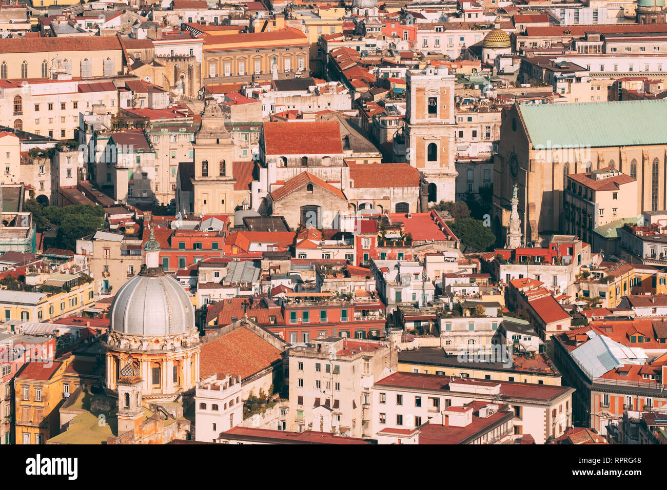 Naples, Italy. Top View Cityscape Skyline With Famous Landmarks In ...