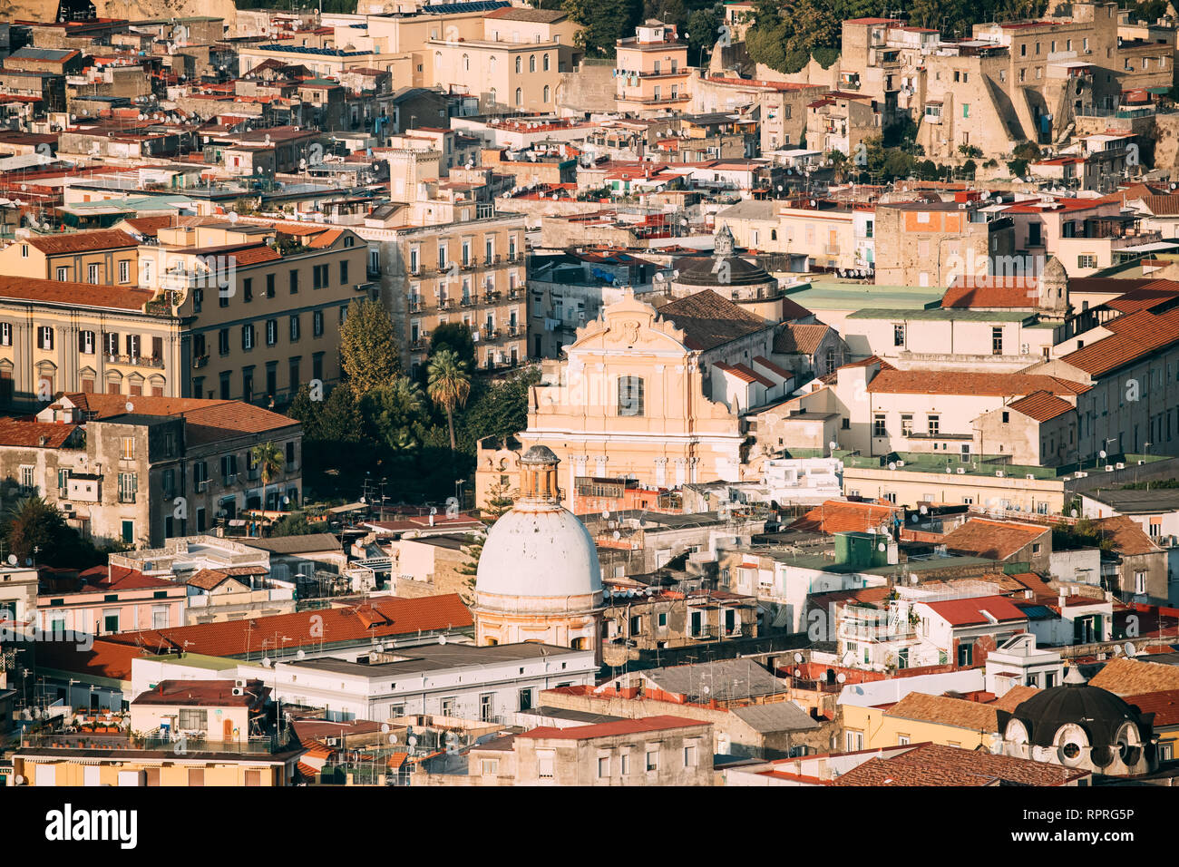 Naples, Italy. Top View Cityscape Skyline With Famous Landmarks In ...