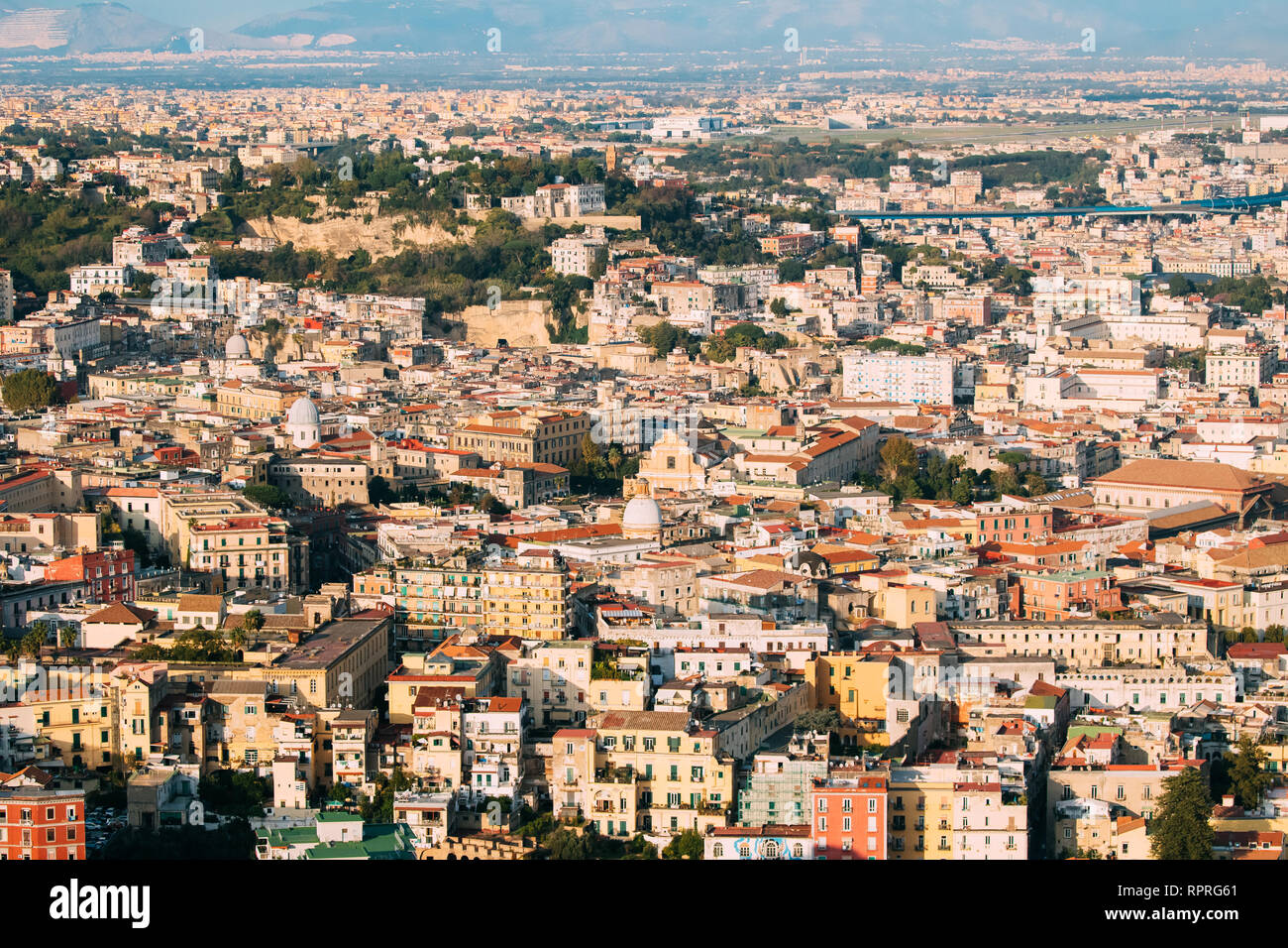Naples, Italy. Top View Cityscape Skyline With Famous Landmarks In ...