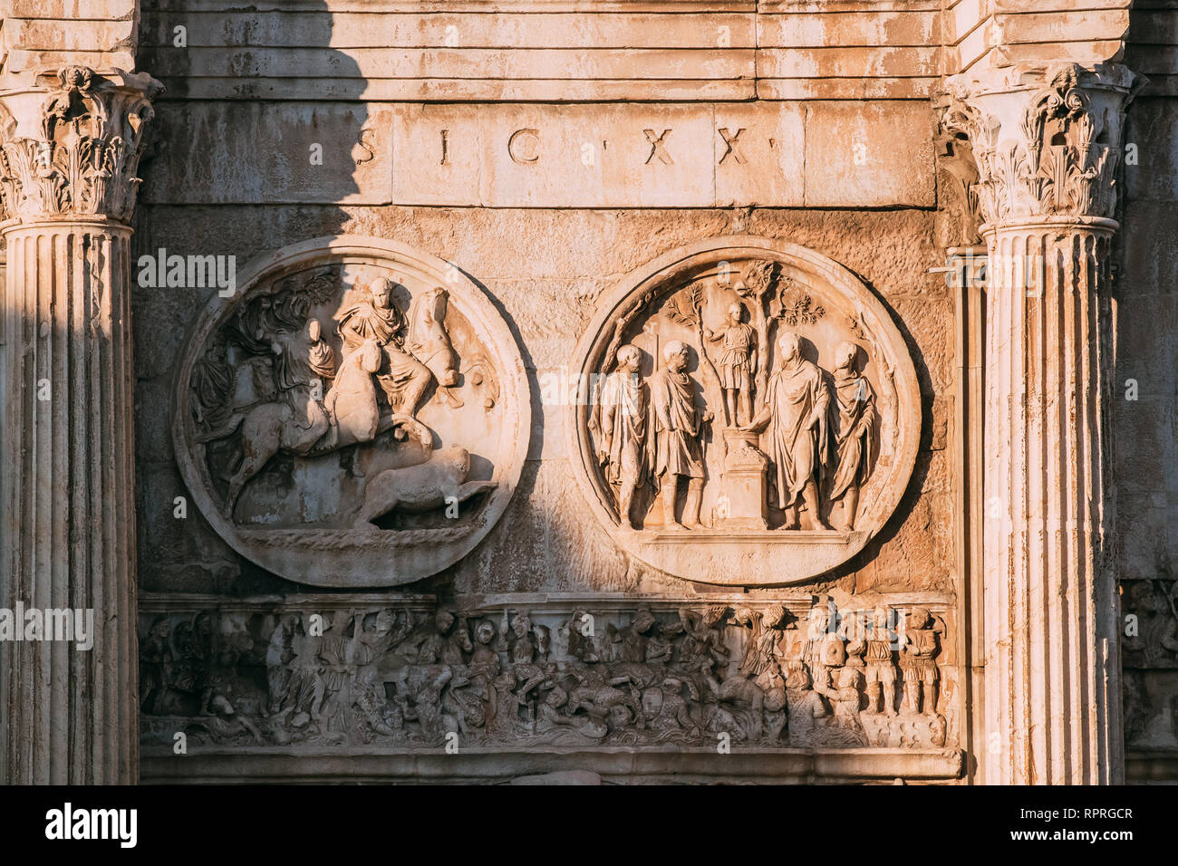 Rome, Italy. Details Of Arch Of Constantine. Bas-relief On Facade Of ...