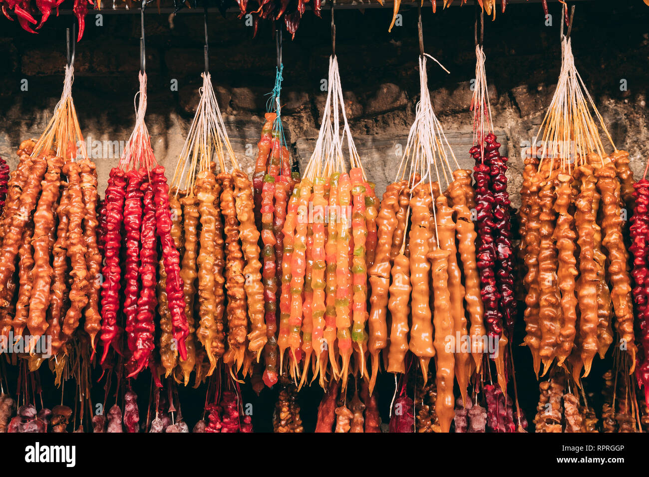 Colorful Churchkhela Hanging In Shop. Churchkhela Is A Traditional ...