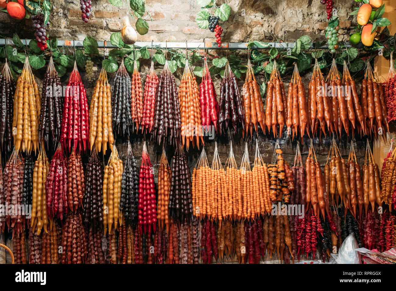 Colorful Churchkhela Hanging In Shop. Churchkhela Is A Traditional ...