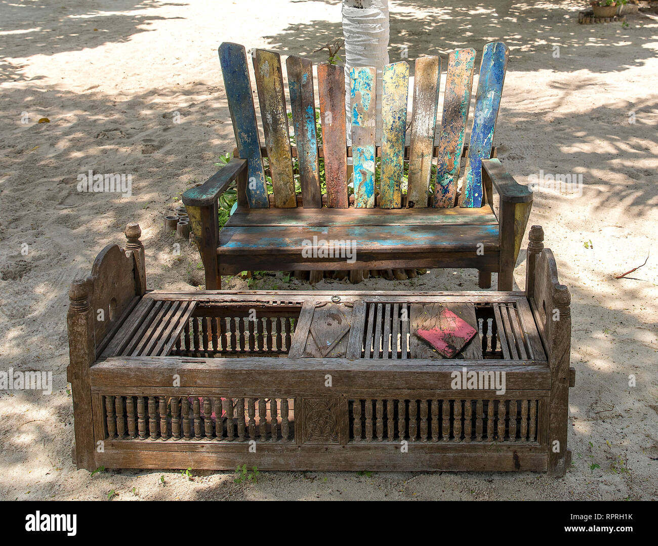 Wooden seating groups on the beach of Gili Trawangan, Indonesia Stock ...