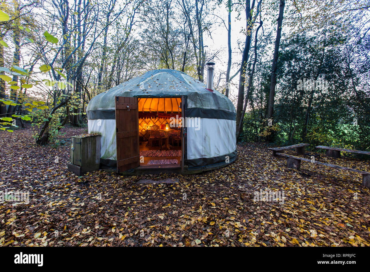 Traditional yurt in the woods, glamping in Autumn / Winter Stock Photo ...