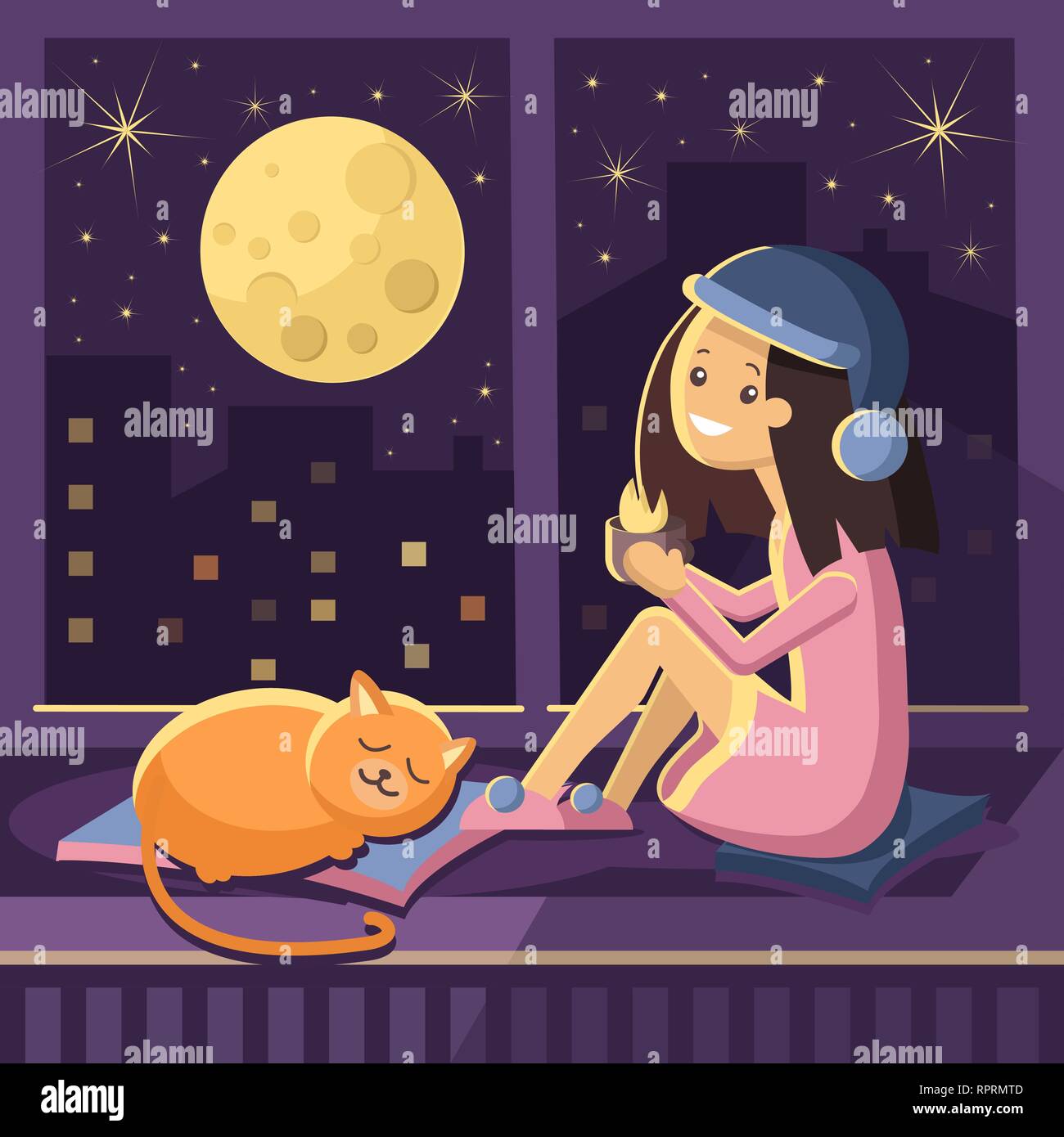 Vector character of a girl sitting on a window with a red cat and ...