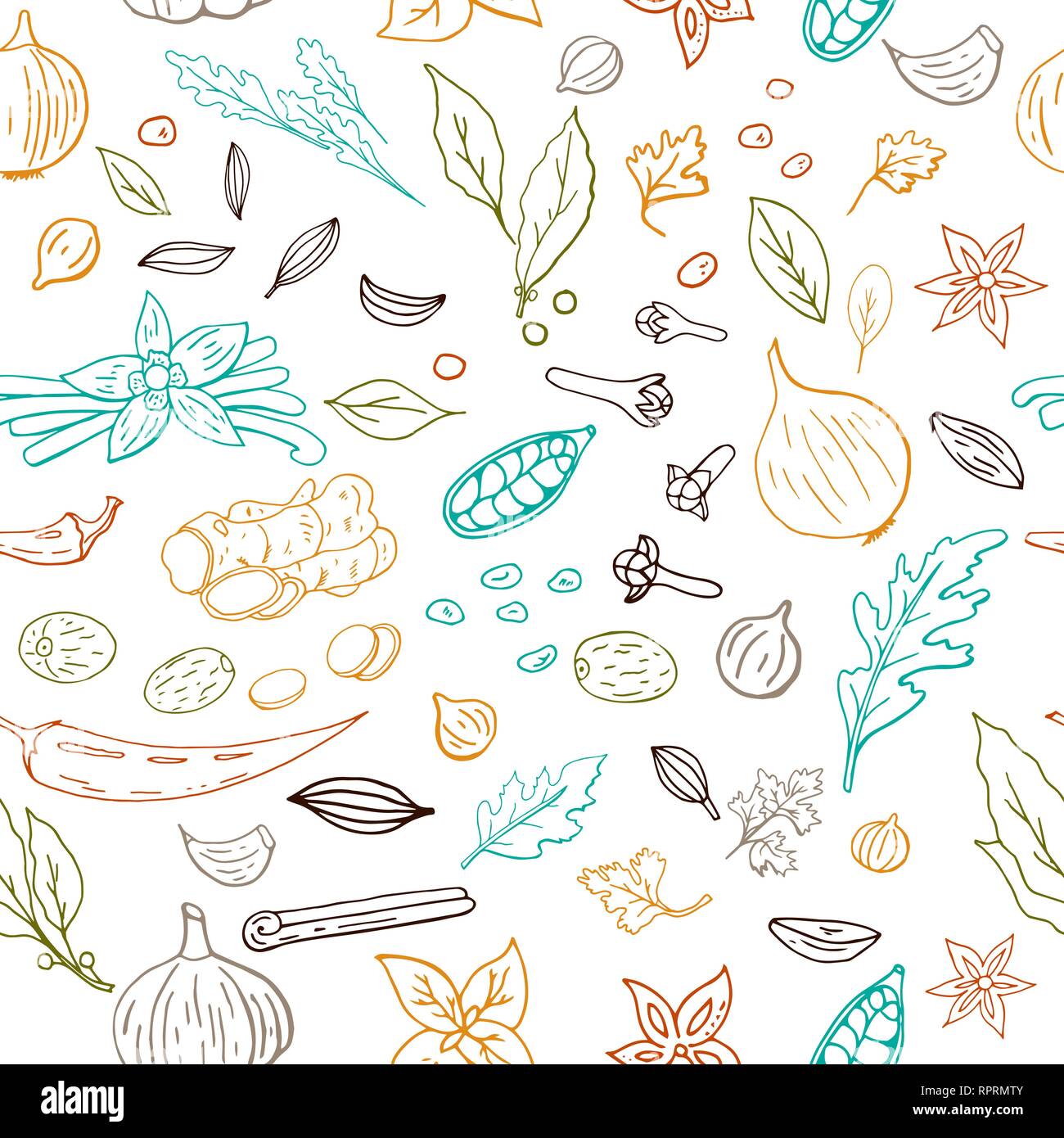Seamless hand drawn vector pattern with different outline spices isolated on white background ...