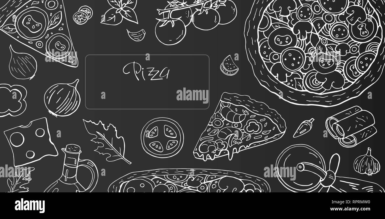 Vintage horizontal pizza banner on black background. Vector doodle ...