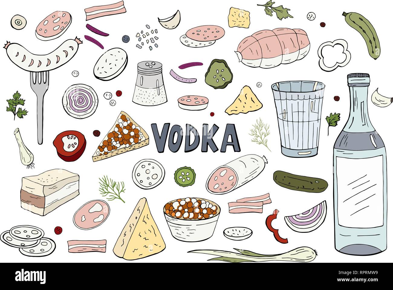 Set of hand drawn russian vodka and different food isolated on white ...