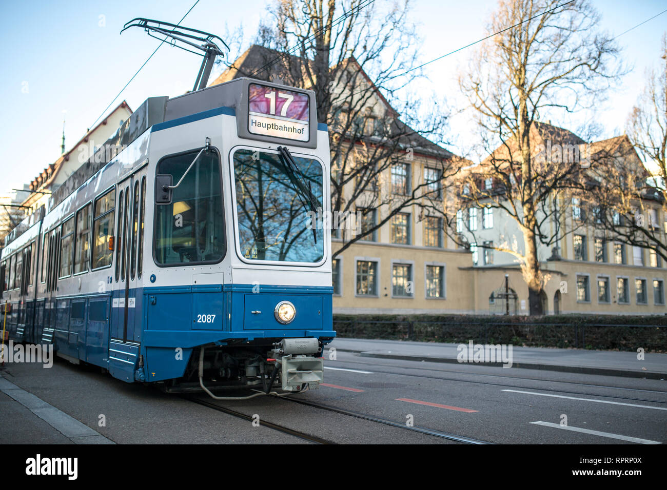 ZURICH, SWITZERLAND - FEBRUARY 17, 2019: Tramway on the streets of ...