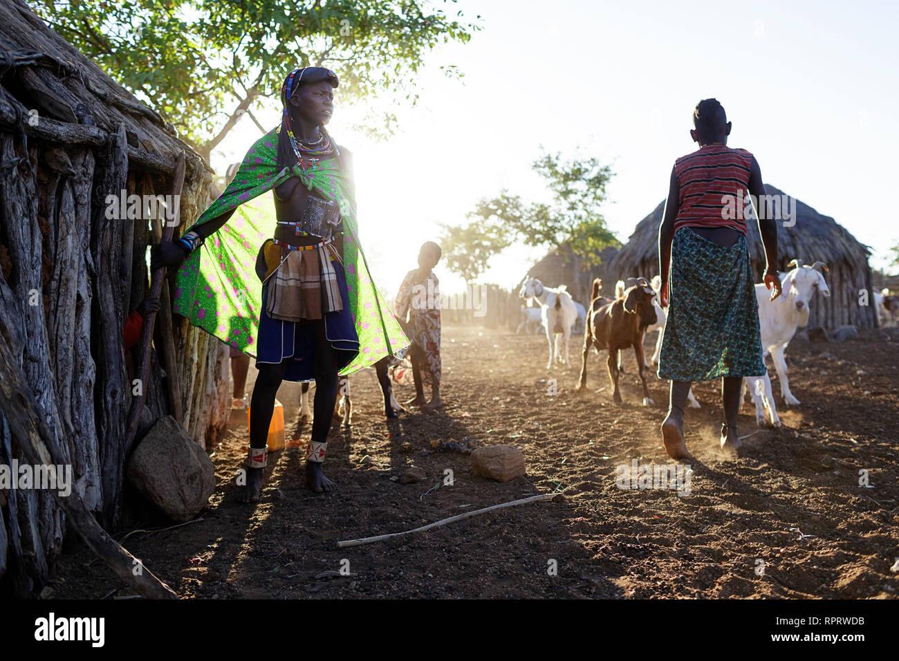 Zemba people in their morning routine in a village near Epupa, Namibia ...