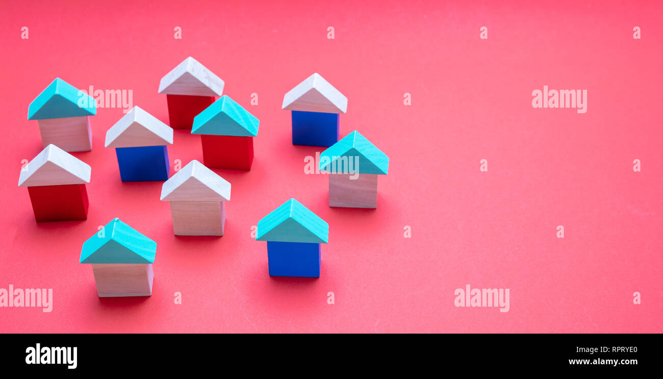 Real estate and village concept, Small wooden blocks house models with ...