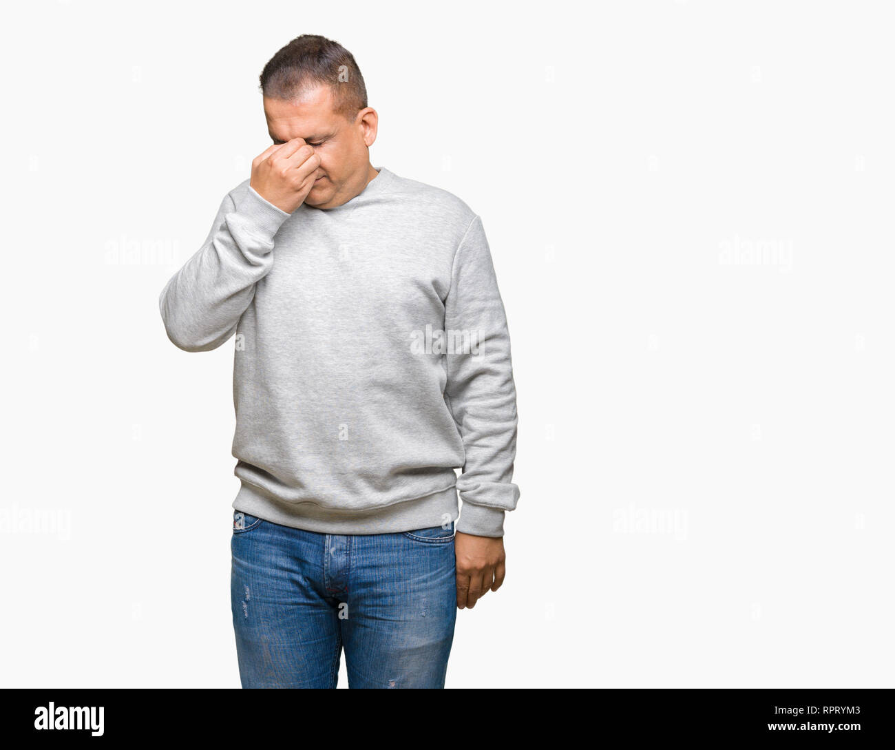 Middle age arab man wearing sport sweatshirt over isolated background ...
