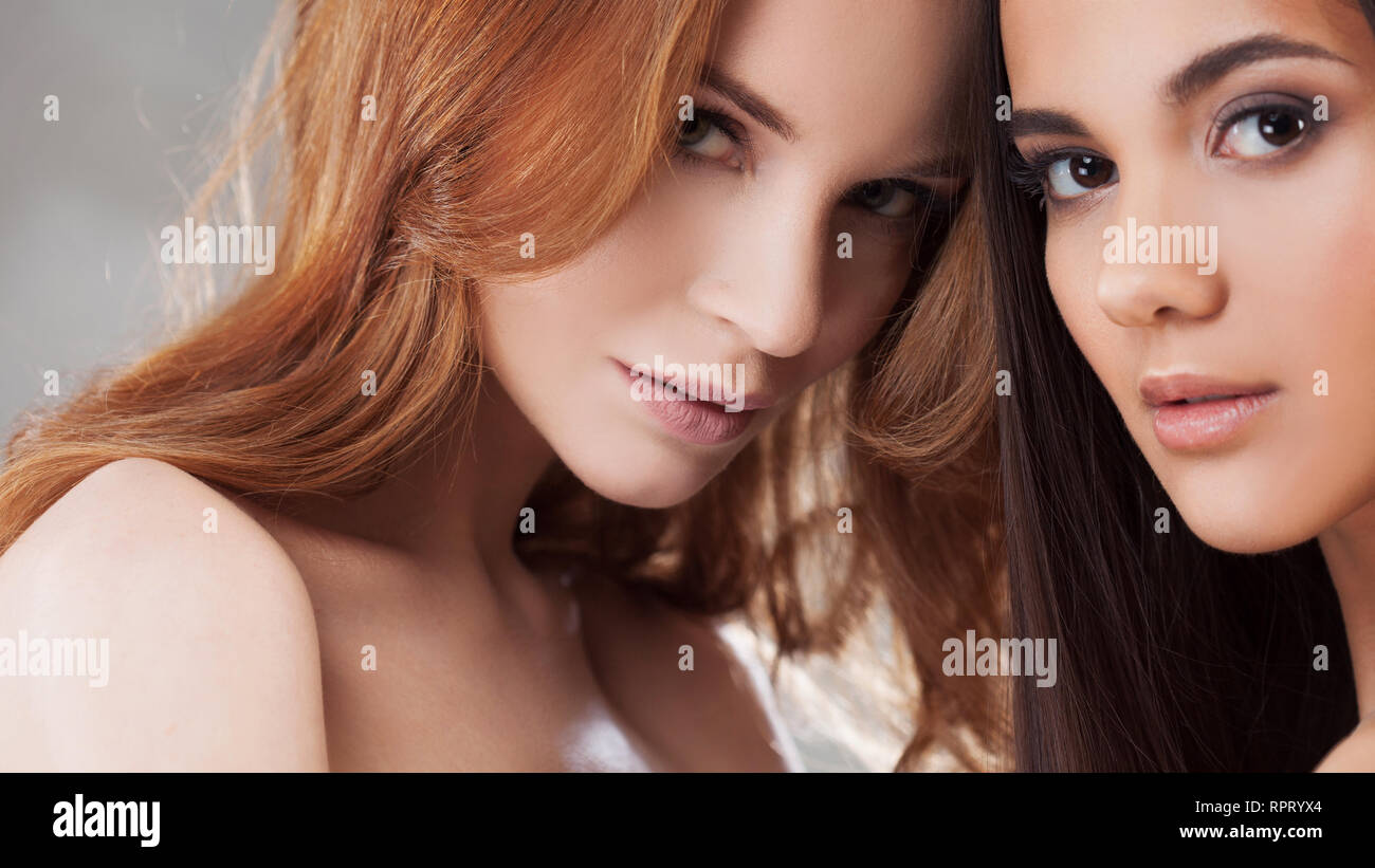 Natural beauty. Two different girls, beauty portrait. Two young ...