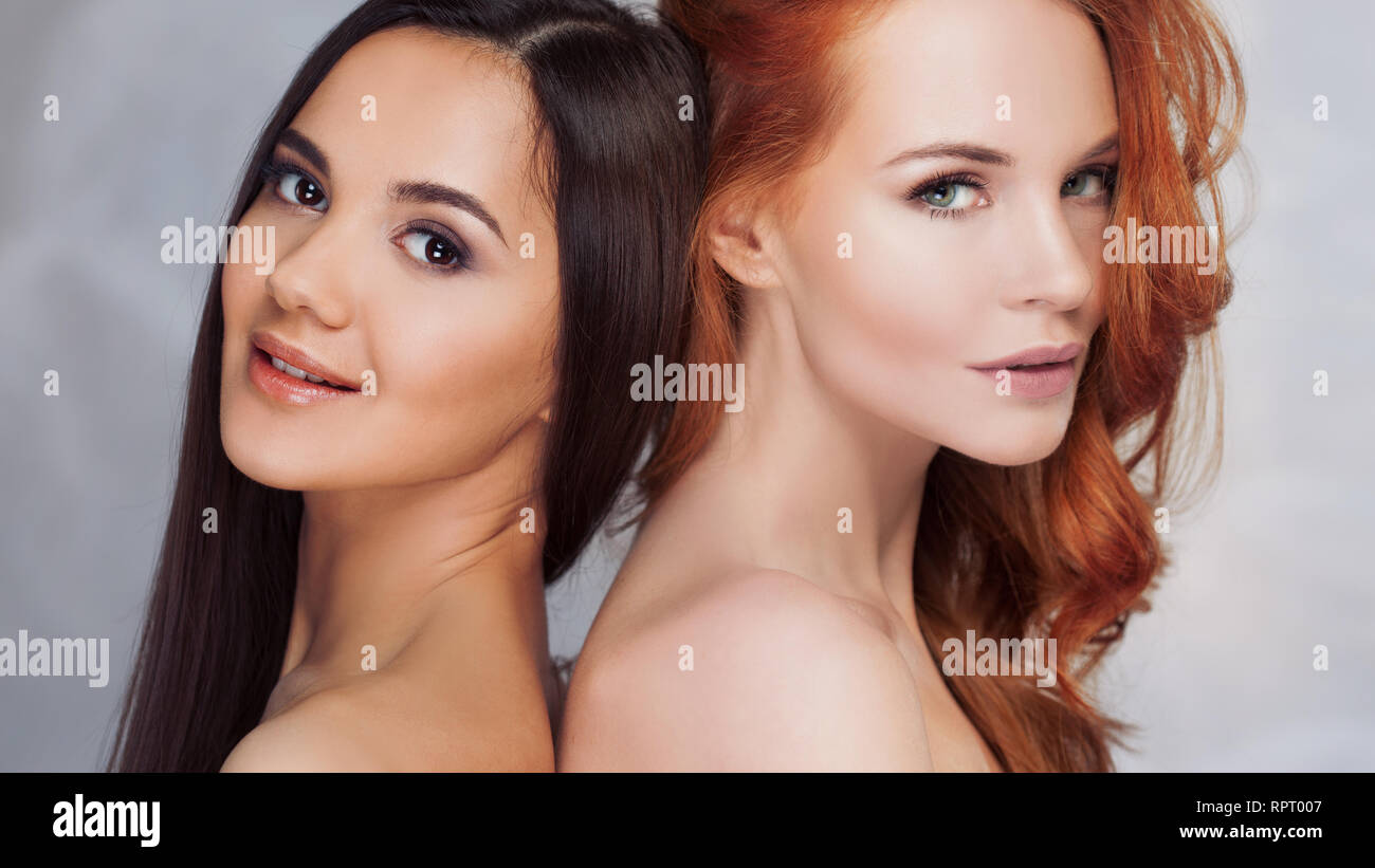 Natural Beauty Two Different Girls Beauty Portrait Two Young