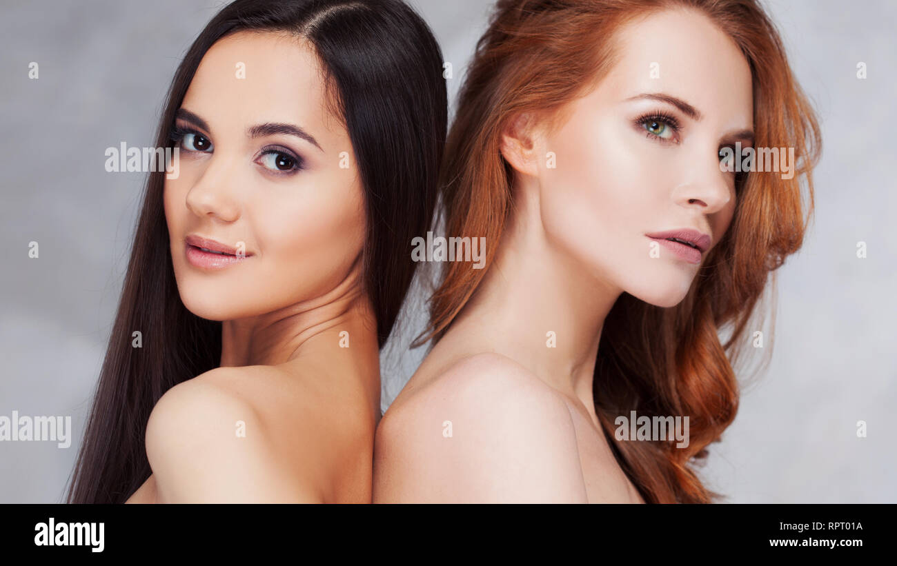 Natural Beauty Two Different Girls Beauty Portrait Two Young