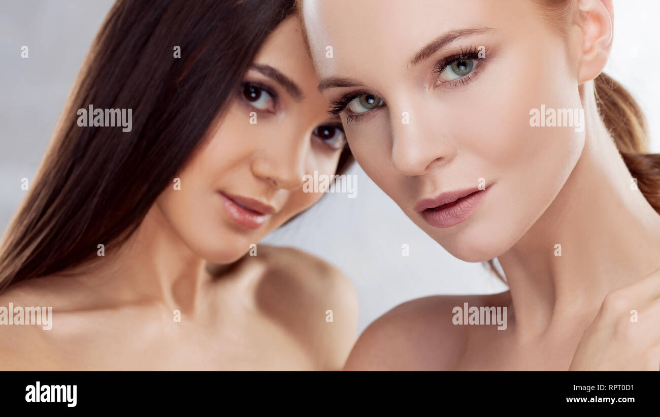 Natural beauty. Two different girls, beauty portrait. Two young ...