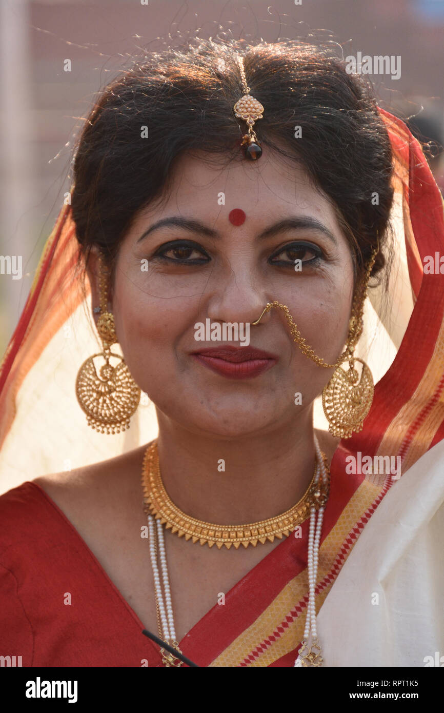A Bengali Hindu lady poses as puja attitude with period costume and ...