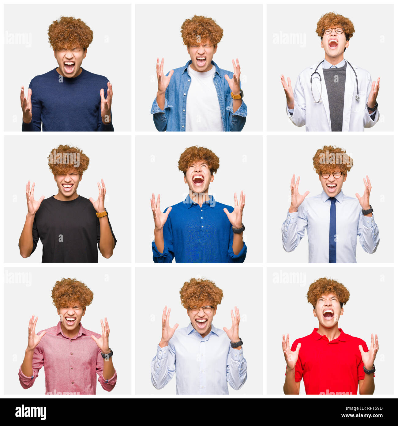 Collage of young man wearing different looks over isolated white ...