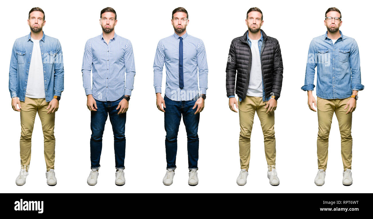 Collage of attractive young man over white isolated background puffing ...