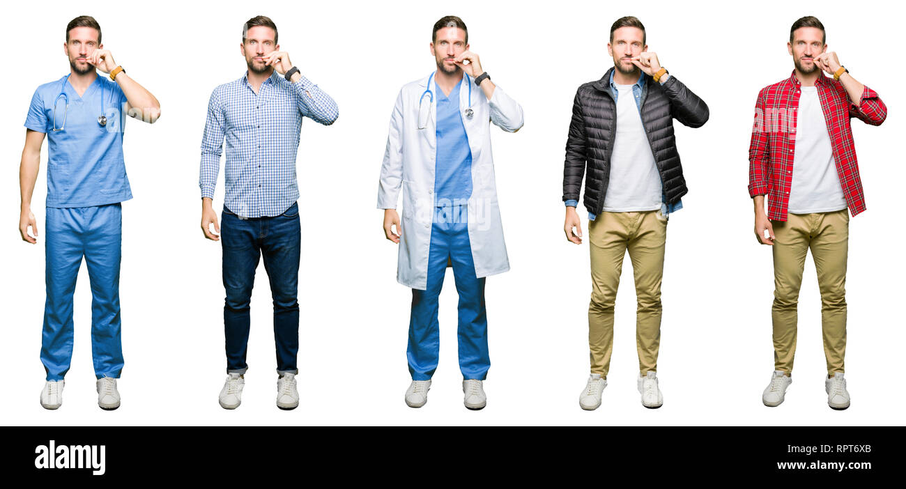 Collage of attractive young man over white isolated background mouth ...