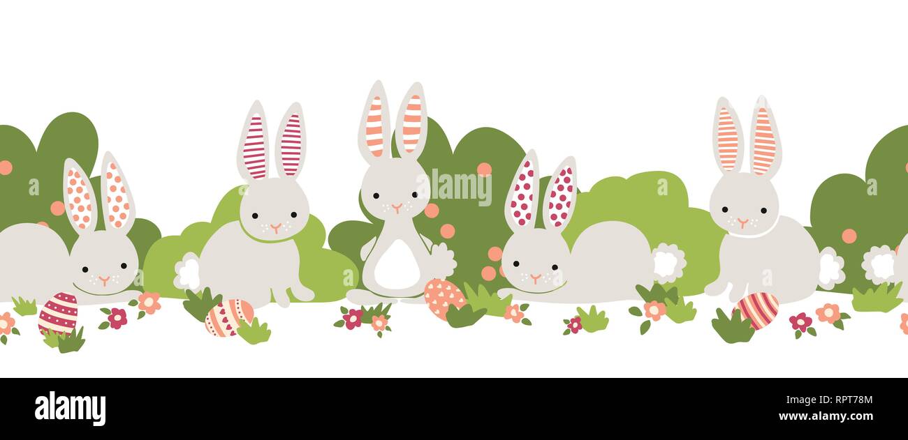 Easter bunny seamless vector border. Cute bunnies, Easter eggs, flowers ...