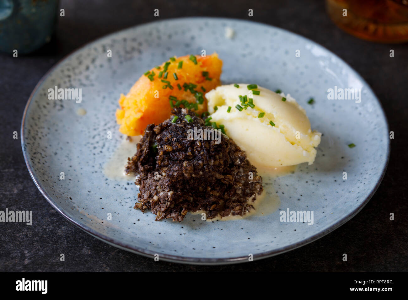 Scottish dish of haggis, neeps and tatties, meal served traditionaly on ...
