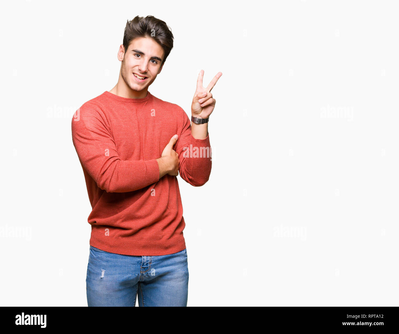Young handsome man over isolated background smiling with happy face ...
