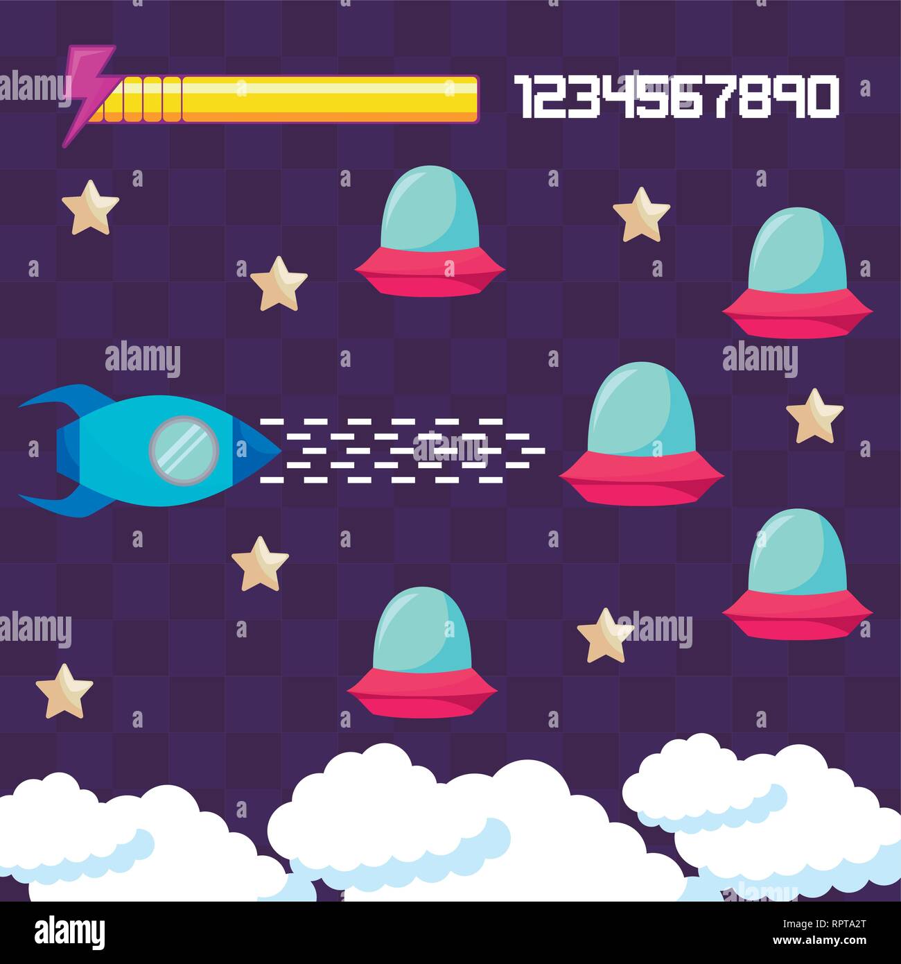 classic video game rocket flying and ufos vector illustration design ...