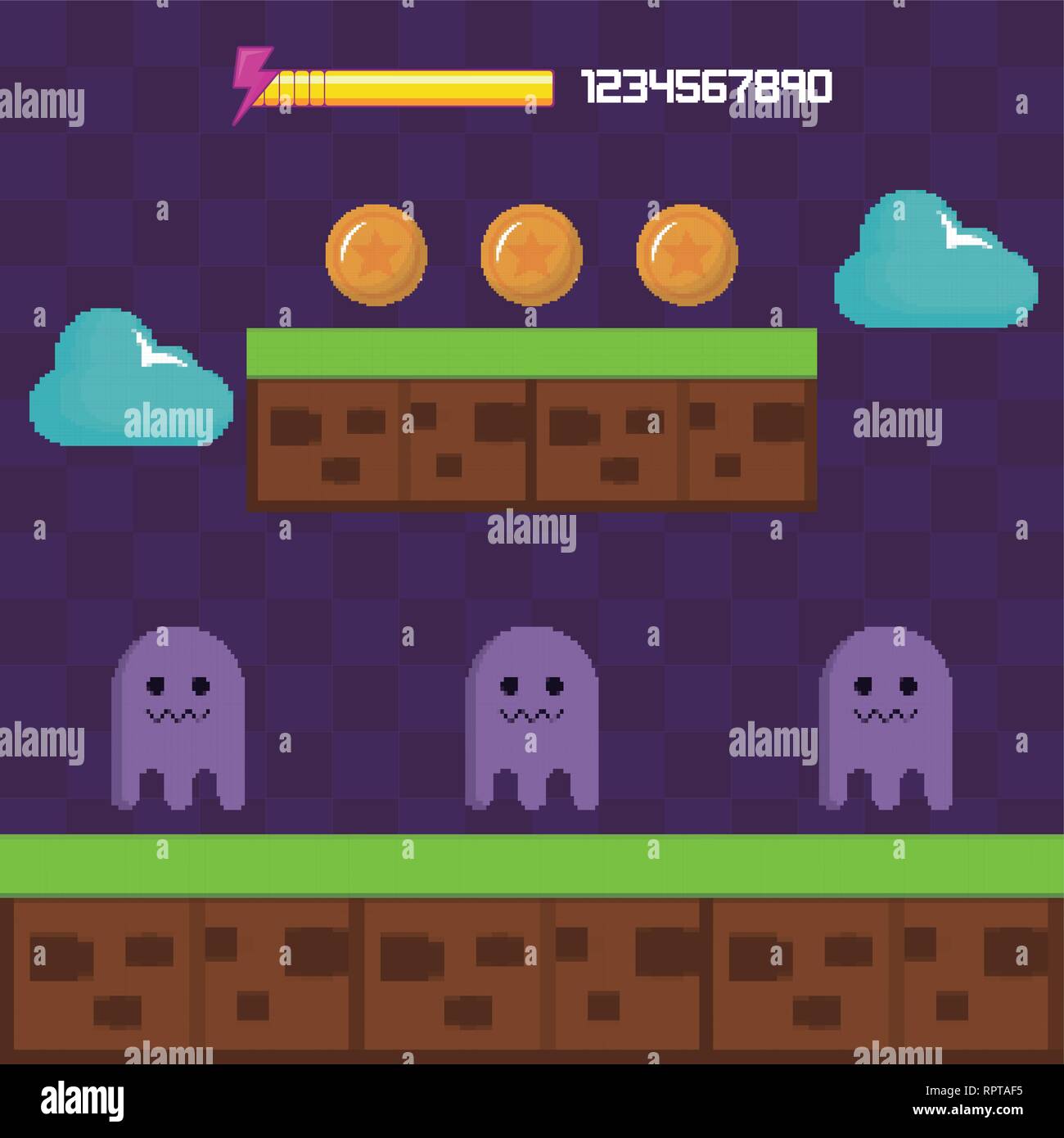 classic video game scene with ghosts characters vector illustration ...