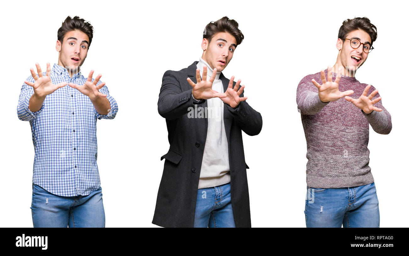 Collage of young handsome business man over isolated background afraid ...
