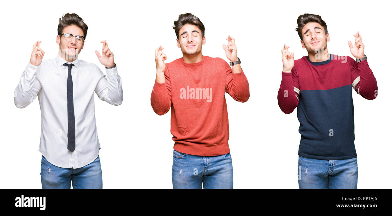 Collage of young handsome business man over isolated background smiling ...