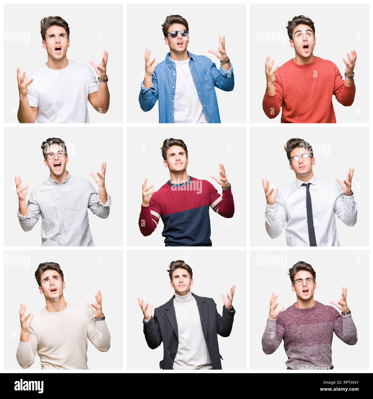 Collage of young handsome business man over isolated background crazy ...