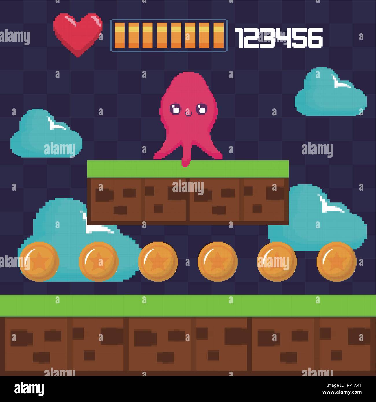 classic video game scene with octopus mutant character vector ...