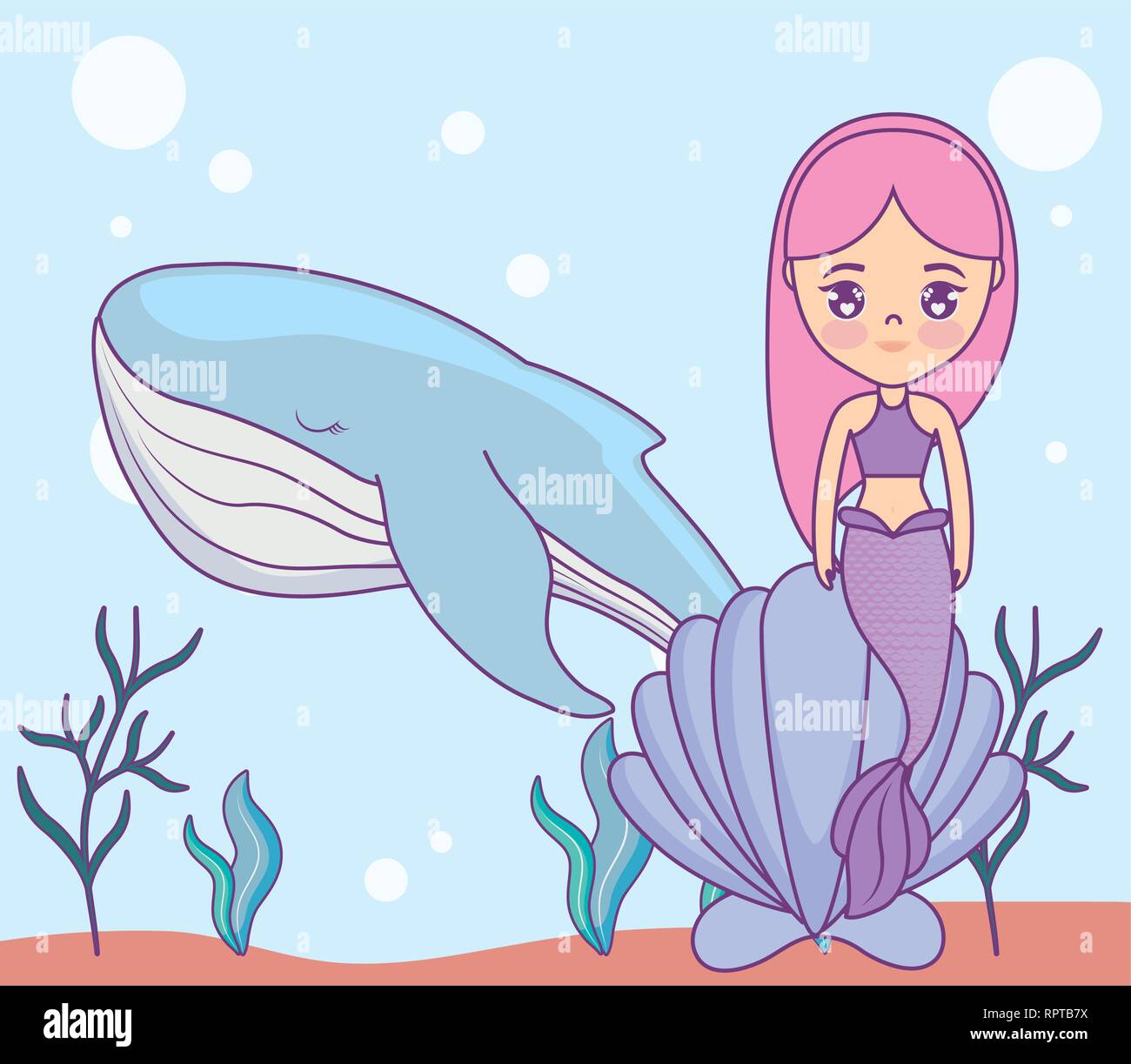 cute mermaid with whale in the sea vector illustration design Stock ...