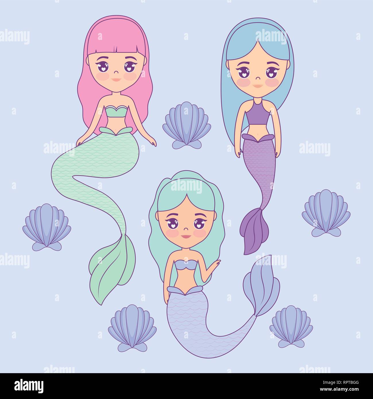 group of cute mermaids with seashell vector illustration design Stock ...