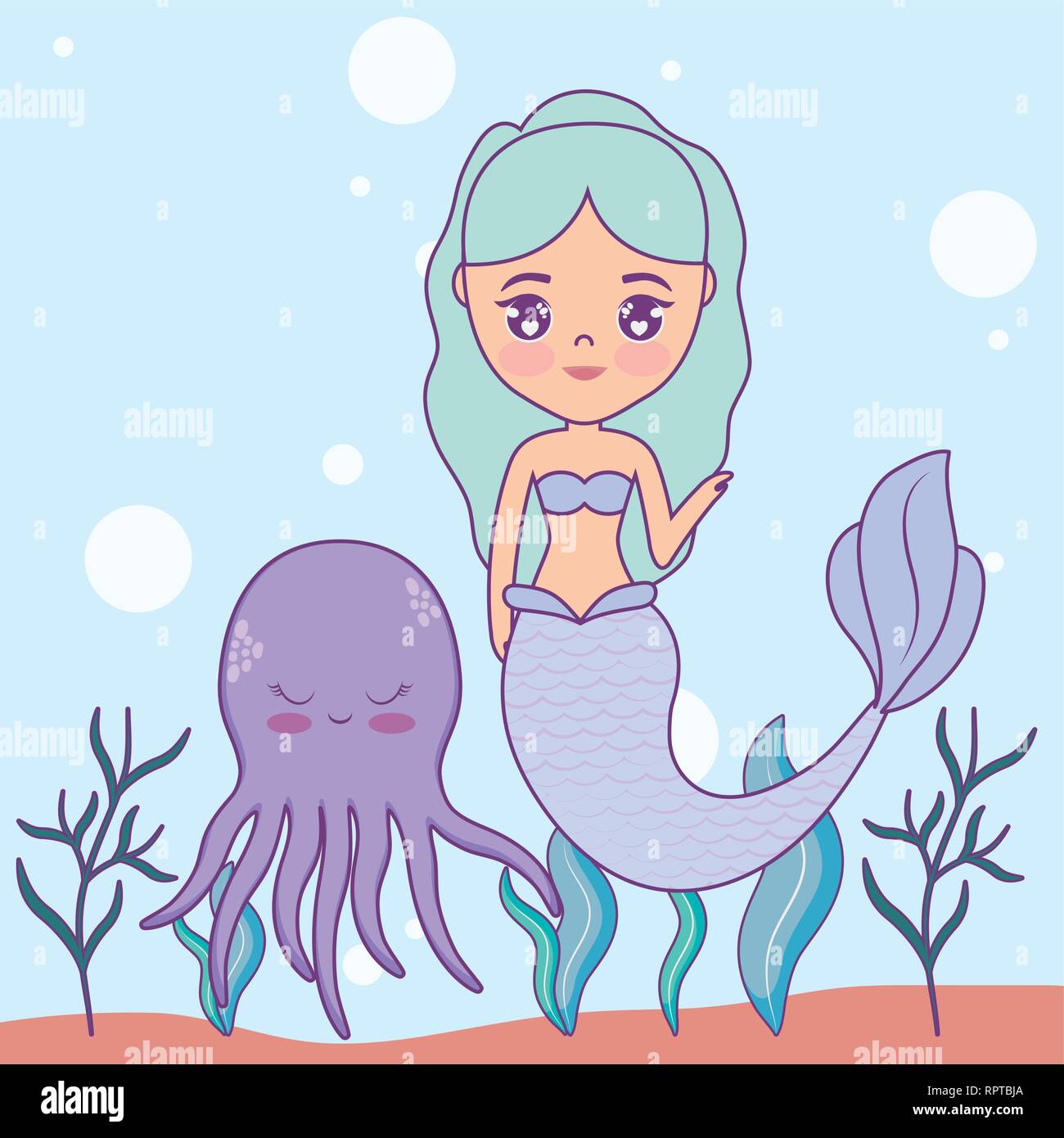 cute mermaid with octopus in the sea vector illustration design Stock ...