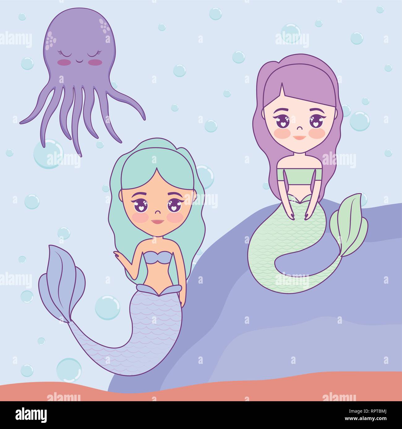 cute mermaids with octopus in the sea vector illustration design Stock ...