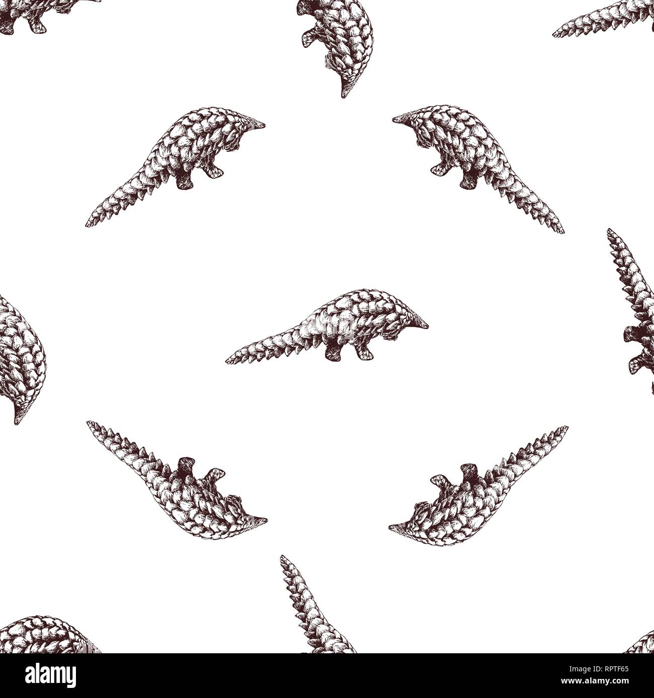 Seamless pattern of hand drawn sketch style pangolins isolated on white ...