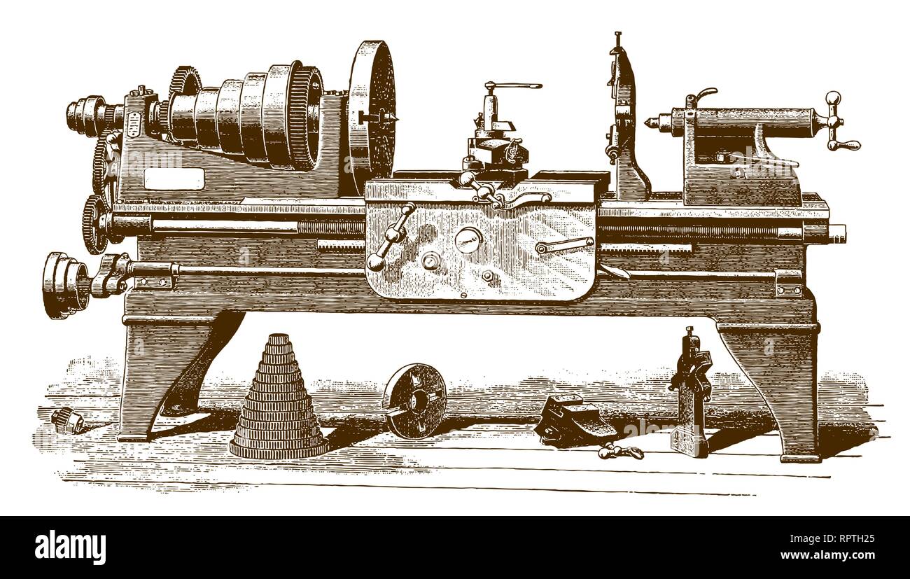 Historic engine lathe in side view (after an etching or engraving from ...