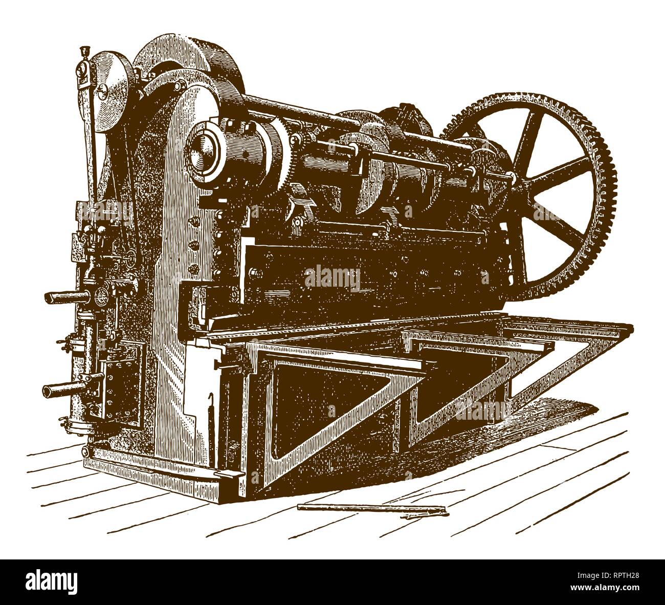Historic gang punching machine with steam engine (after an etching or ...