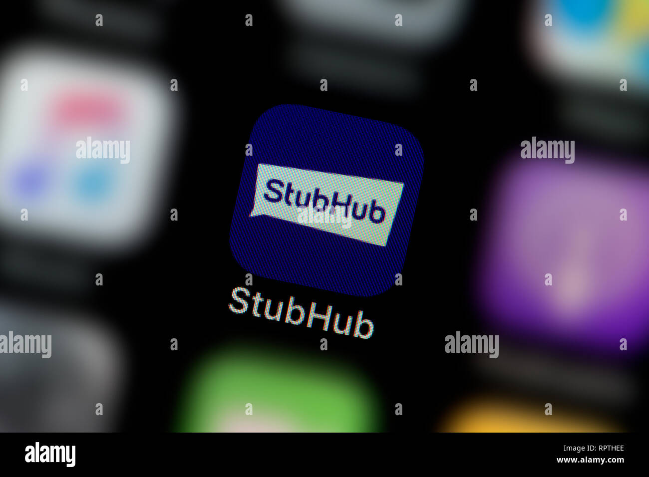 A close-up shot of the StubHub app icon, as seen on the screen of a ...