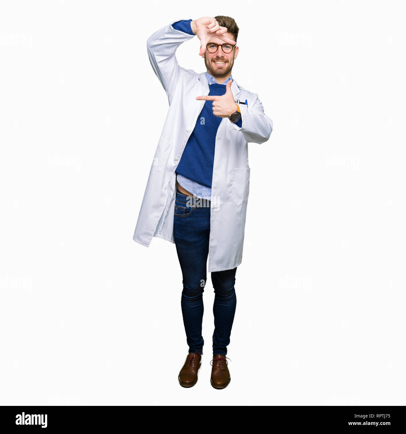 Young handsome scientist man wearing glasses smiling making frame with ...