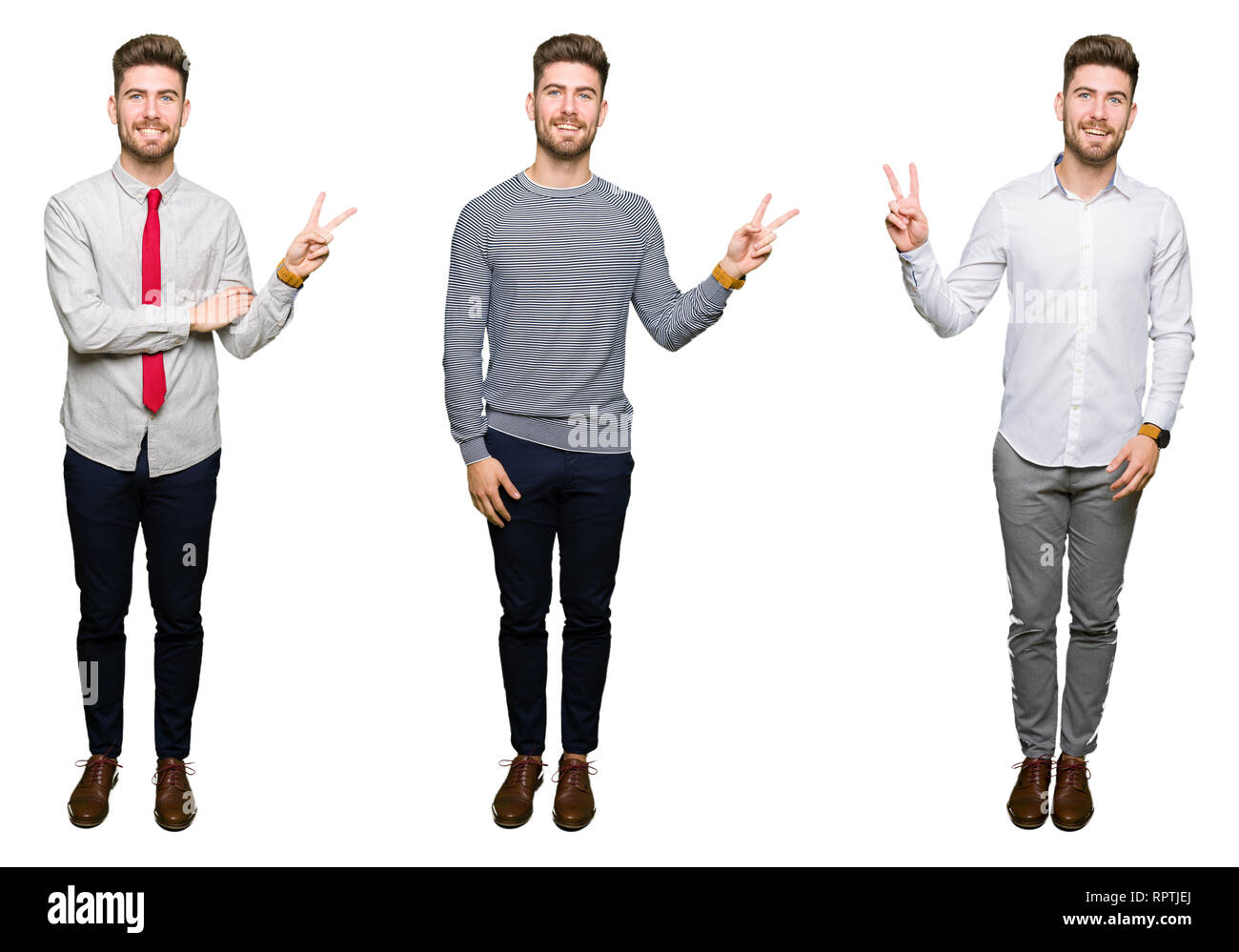 Collage of handsome young business man over white isolated background ...