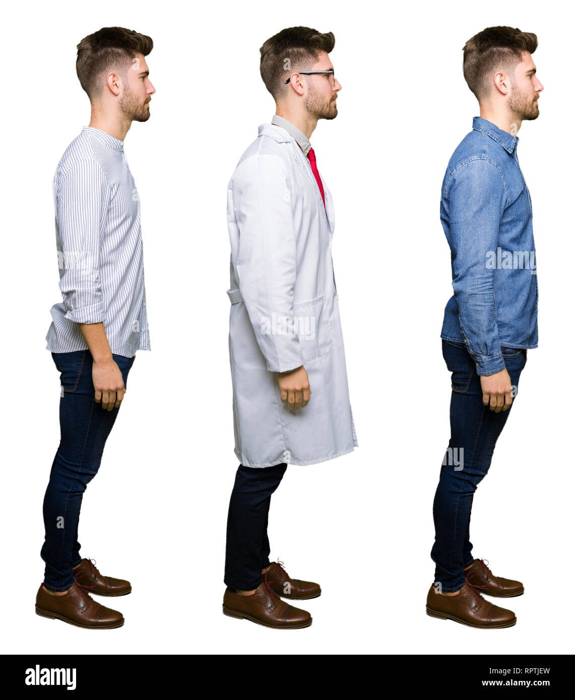 Collage of handsome young professional man over white isolated ...